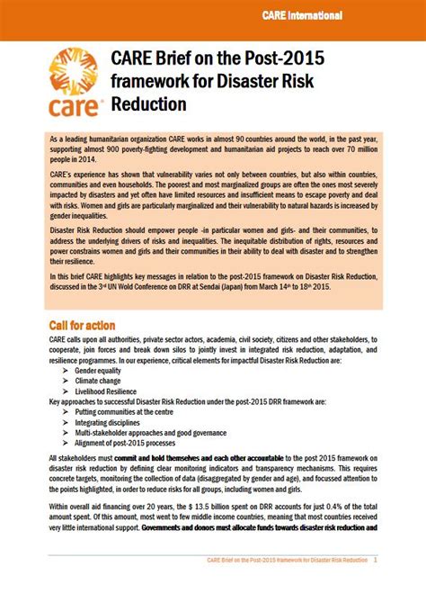 Care Brief On The Post 2015 Framework For Disaster Risk Reduction Unw