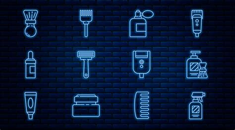 세트 라인 미용사 권총 스프레이 병 면도 젤 폼 및 브러시 분무기가 있는 애프터셰이브 면도기 수염 콧수염 관리 오일 남성용 전기 블레이드 및 헤어브러시 아이콘 벡터 날에