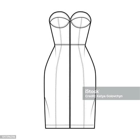 집업 튜브 드레스 기술 패션 일러스트와 뷔스티에 민소매 스트랩리스 핏 바디 무릎 길이 스커트 0명에 대한 스톡 벡터 아트 및
