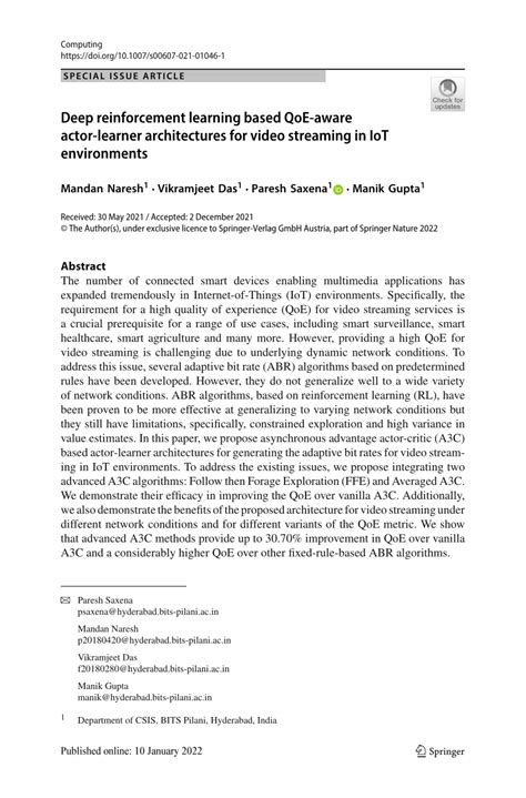 Pdf Deep Reinforcement Learning Based Qoe Aware Actor Learner Architectures For Video