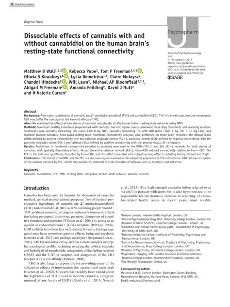 Pdf Dissociable Effects Of Cannabis With And Without Cannabidiol On The Human Brains Resting