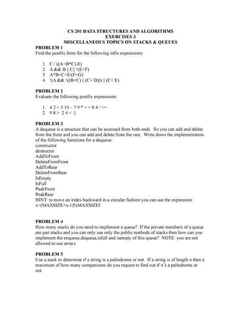 Exercise 3 Stacks And Queues Cs 201 Data Structures And Algorithms