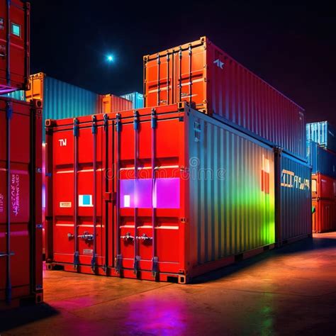 Cargo Containers Stacked High Technology Modern Advanced Shipping Tech Represented By Cyberpunk