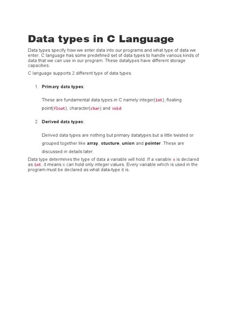 Data Types In C Language Int Float Char Void Pdf