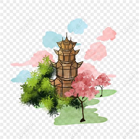 카드 또는 포스터 일러스트 아시아 풍경 집 꽃이 피는 벚꽃녹색스프링 Png 일러스트 무료 다운로드 Lovepik