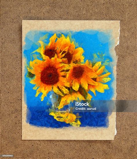 블루 디지털 그림에 고립 된 작은 투명 유리에 해바라기 꽃 Passepartout에서 반 고흐의 스타일의 모방 0명에 대한 스톡 사진 및 기타 이미지 Istock