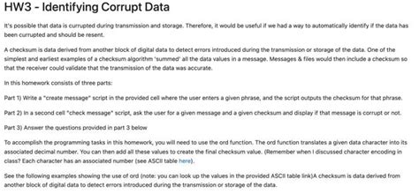 Solved Transcribed Image Text Hw3 Identifying Corrupt Data Its