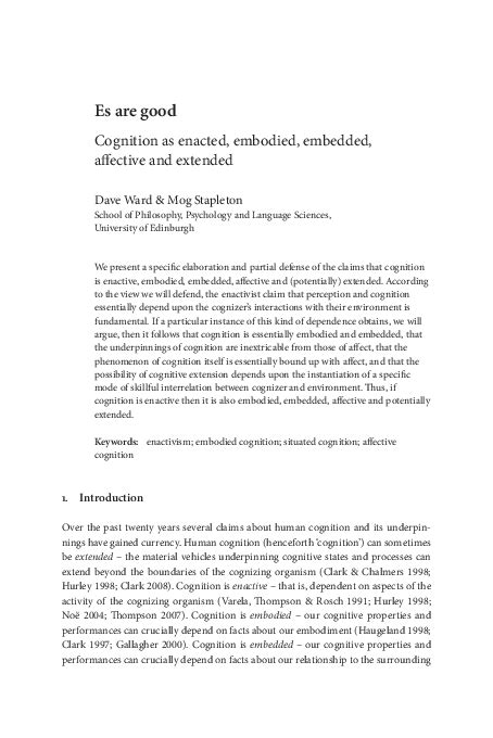 Pdf Es Are Good Cognition As Enacted Embodied Embedded Affective And Extended