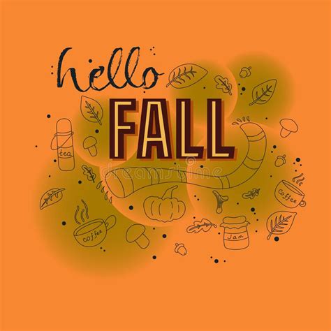 Greeting Illustration Hello Fall Cup Of Coffee Leaves Jam Stock