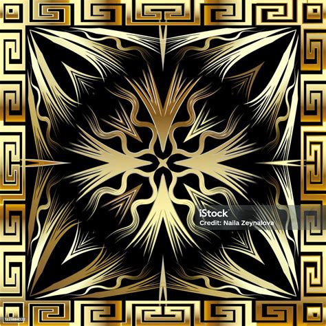 3d 골드 꽃 벡터 원활한 패턴입니다 추상 현대 장식 그리스 사각형 프레임 배경입니다 표면의 화려한 배경을 반복합니다 꽃 프레임 모양기하기 그리스 어 키 사행 장식품 0명에