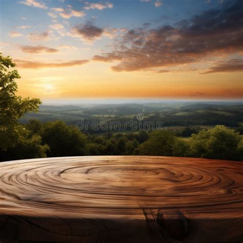 Sunset Showcase Empty Wooden Table Against Misty Landscape For Display Stock Illustration