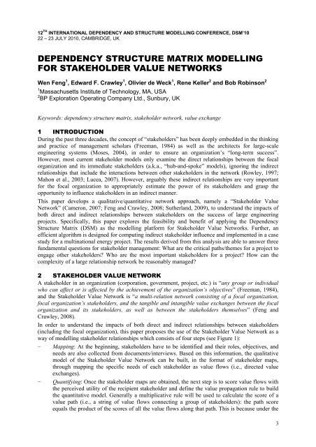 Dependency Structure Matrix Modelling For Stakeholder Value Networks