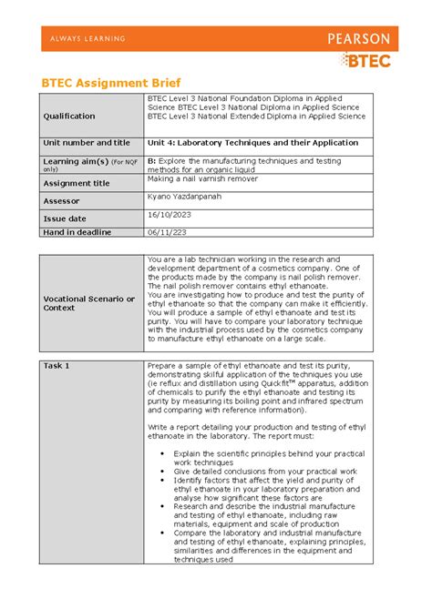 Assignment Brief For Learning Aim B Unit 4 Btec Assignment Brief Qualification Btec Level 3