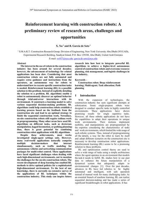 Pdf Reinforcement Learning With Construction Robots A Review Of