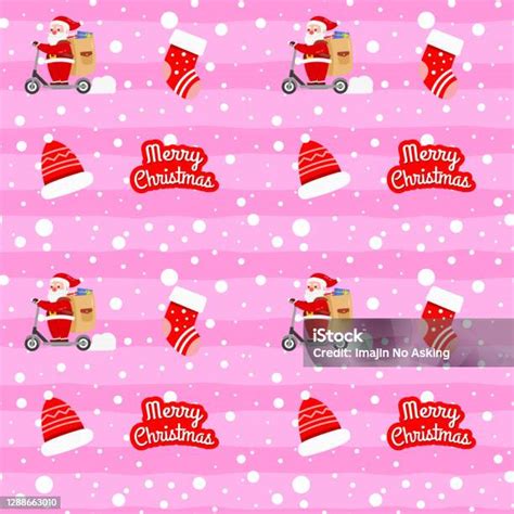 크리스마스 귀여운 산타 클로스 스카우트 모자 양말 핑크 패턴 포장 지 일러스트 12월에 대한 스톡 벡터 아트 및 기타 이미지