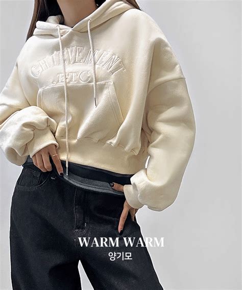 양기모아방핏 멘트 자수 레터링 크롭 후드티 3컬러 에이블리