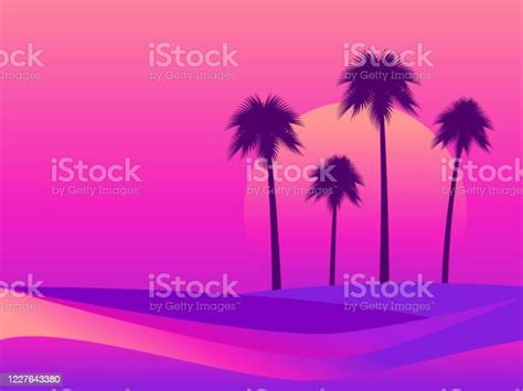 바다 일몰의 배경에 야자수와 열대 풍경 80 년대의 스타일에 화려한 그라데이션 복고풍 미래 지향적 인 스타일 광고 포스터 및