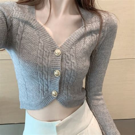 회색 숏 니트 브이넥 크롭 탑 슬림 볼레로 가디건 에이블리