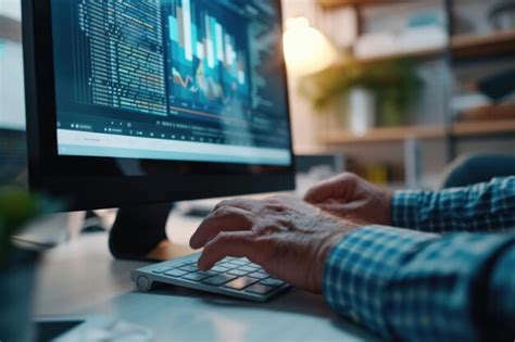 Close Up Of Caucasian Man Hands Typing Data On A Keyboard Seen On A Computer Monitor Premium