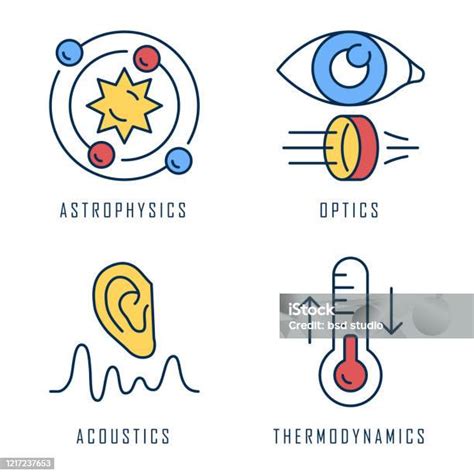 물리 분기 색상 아이콘 설정 천체 물리학 광학 음향 및 열역학 물리적 인 과정과 현상 과학 연구 및 과목 격리된 벡터 일러스트레이션 천체 물리학에 대한 스톡 벡터 아트 및