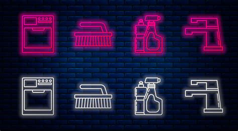 청소를위한 세트 라인 브러시 액체 식기 세척액 세탁기 및 물 탭플라스틱 병 벽돌 벽에 빛나는 네온 아이콘입니다 벡터 가사 집안일에 대한 스톡 벡터 아트 및 기타 이미지