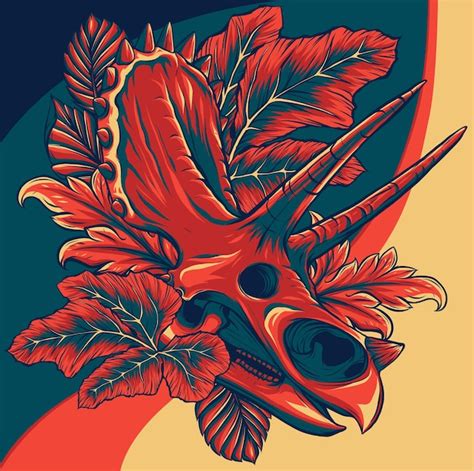 Premium Vector Illustration Of Triceratops Dinosaur Skull Fossil With Leaves