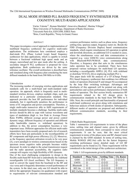 Pdf Dual Mode Hybrid Pll Based Frequency Synthesizer For Cognitive Multi Radio Applications