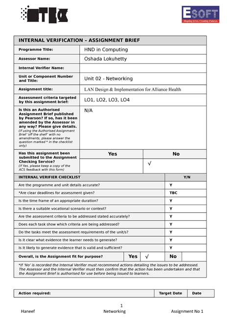 Unit 02 Networking Assignment 01 Internal Verification Assignment Brief Programme Title Hnd