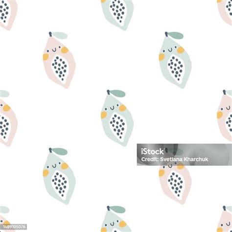 웃는 얼굴이 있는 파파야 캐릭터 원활한 패턴 단순하고 순진한 스타일의 손으로 그린 만화 낙서 아이들을 위한 파스텔 팔레트의 벡터