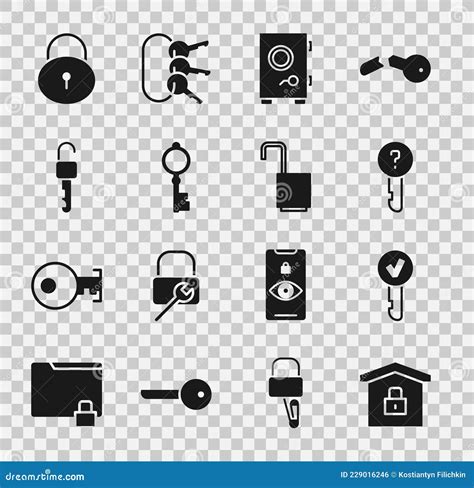 Set House Under Protection Key Undefined Key Safe Old Unlocked Lock And Open Padlock Icon