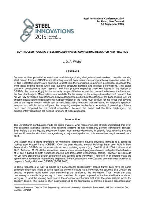 Pdf Controlled Rocking Steel Braced Frames Connecting Research And Practice