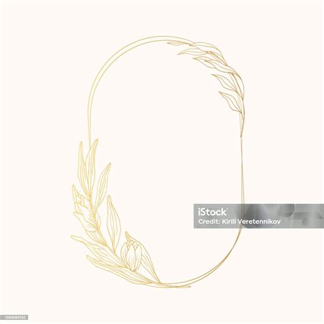 벡터 고립 된 우아한 타원형 번성 화환 골든 플로럴 스프링 테두리 섬세한 허브와 웨딩 카드에 대한 골드 단풍 프레임 금 금속에