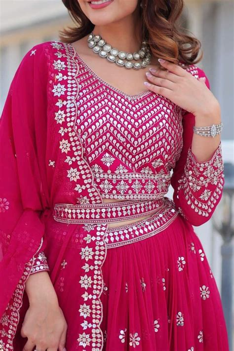 Designer Georgette Embroidery Sequence Work Lehenga Choli With Dupatta And Belt Rani Ethnicgarment