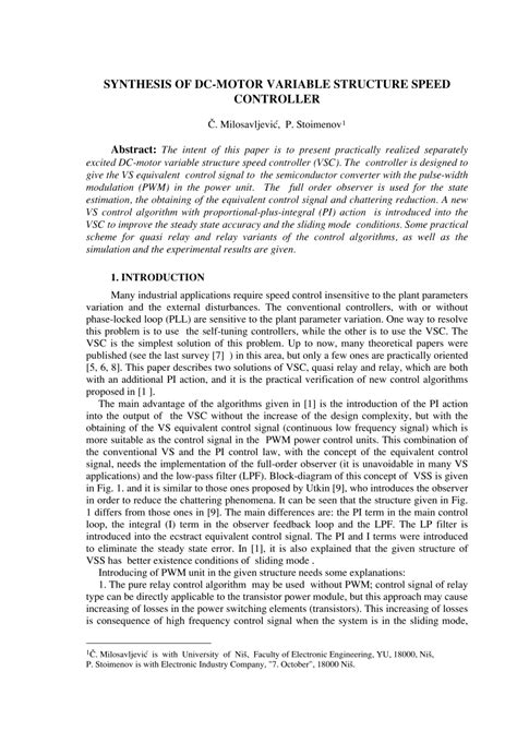 Pdf Synthesis Of Dc Motor Variable Structure Speed Controller