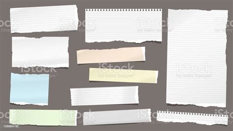 찢어진 흰색과 화려한 노트 노트북 줄 지어 빈 종이 조각 어두운 배경에 붙어 의 집합 벡터 일러스트레이션 줄 친 종이에 대한