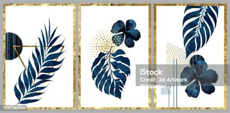 현대 미니멀리즘 일러스트레이션 3d 캔버스 프레임입니다 황금색과 파란색 나뭇 가지는 흰색과 금색 배경에 남습니다 패턴 점과 선 예술에 대한 스톡 사진 및 기타 이미지