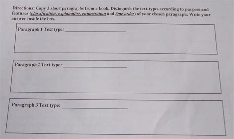 copy 3 short paragraps from a book distinguid the text typesaccording