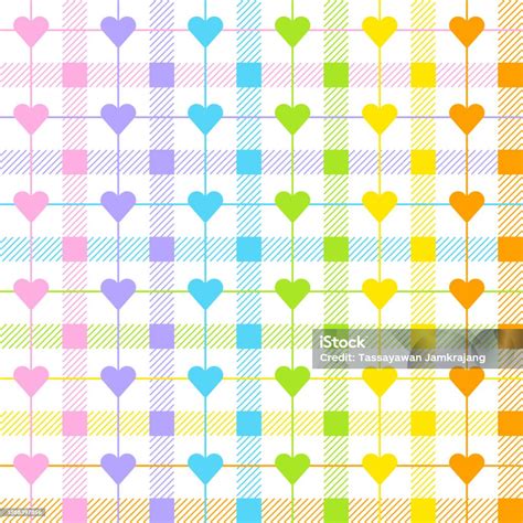 파스텔 레인보우 귀여운 심장 사랑 돌보는 라인 스콧 체크 무늬 격자 무늬 타탄 깅엄 패턴 사각형 배경 벡터 만화 일러스트 레이