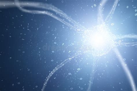 Shining Blue Neuron Cell In The Brain With Binary Data Stock