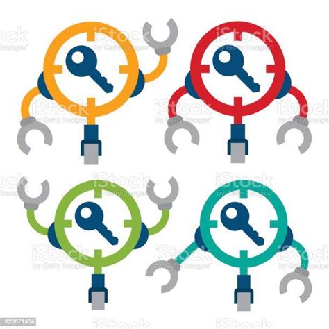 로봇에 대 한 아이콘 추상 그림 키워드 검색 시스템 영감 을된 검색 개념 돋보기 및 자동화 시스템 로봇 디지털 비즈니스를 위한 설계 인터넷 웹사이트 개념에 대한 스톡 벡터