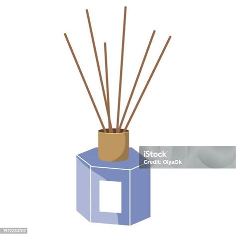 디퓨저 병 리퀴드 향수와 나무 막대기를 사용한 홈 프래그레이션 흰색 배경에 고립 된 골드 캡 벡터 그림과 향기로운 디퓨저 Fragrance Launch에 대한 스톡 벡터