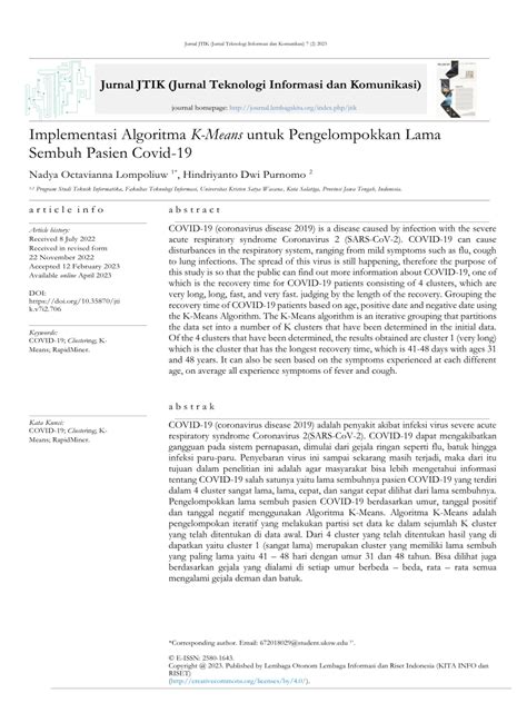 Pdf Implementasi Algoritma K Means Untuk Pengelompokkan Lama Sembuh