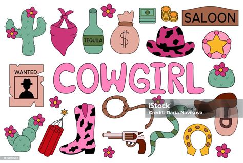 복고풍 카우걸 요소 모음 카우걸 부츠 밧줄 총 안장 모자 말굽 데킬라 다이너마이트 돈 가방 선인장 레터링 서부와 황량한 서부 테마 손으로 그린 벡터 그림입니다 개척시대의