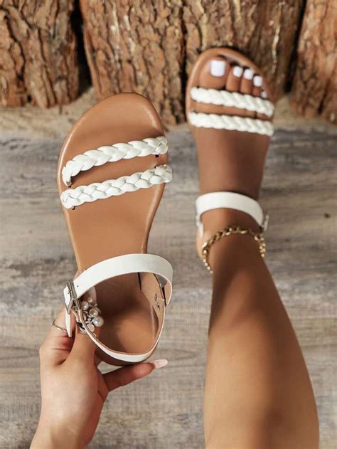 Women Braided Detail Ankle Strap Sandals Vacation Summer Flat Sandals Ankle Strap Sandals