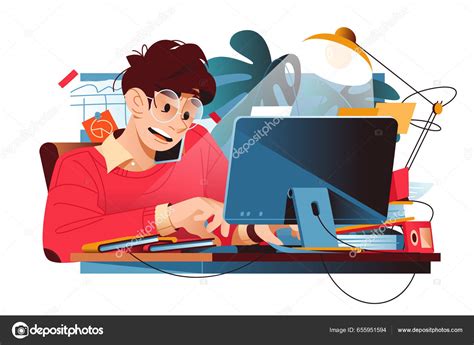 Busy Worker Sits Desk Computer Frantically Typing Holding Phone Vector Stock Vector By Kit8net
