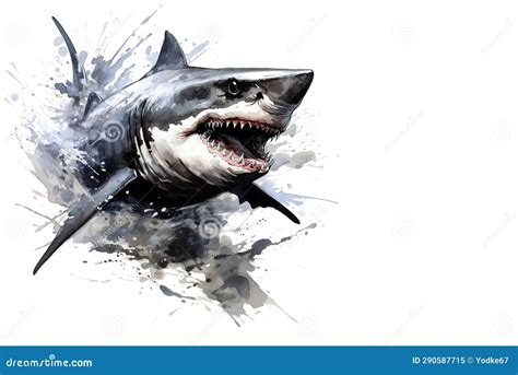 Watercolor Painting Of Angry Shark On White Background Undersea