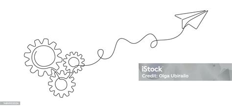 기어 바퀴 및 종이 비행기를 하나의 연속적인 선 그리기 단순한 선형 스타일의 기계 톱니바퀴 새로운 아이디어 비즈니스 팀워크와 시작의 상징 편집 가능한 획 낙서 벡터 그림