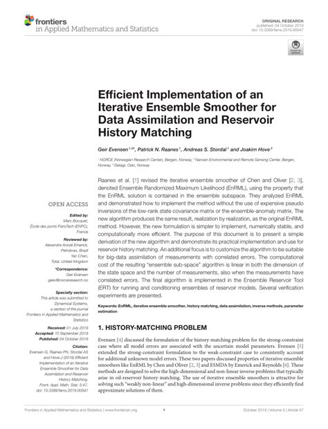 Pdf Efficient Implementation Of An Iterative Ensemble Smoother For Data Assimilation And
