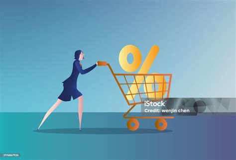 퍼센트 기호가 있는 쇼핑 카트를 밀고 있는 비즈니스 우먼 걷기에 대한 스톡 벡터 아트 및 기타 이미지 걷기 광고 구매 Istock