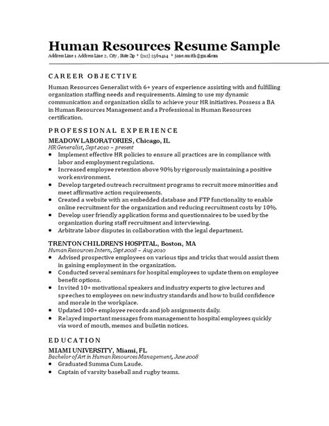 Human Resources Resume Sample Templates At